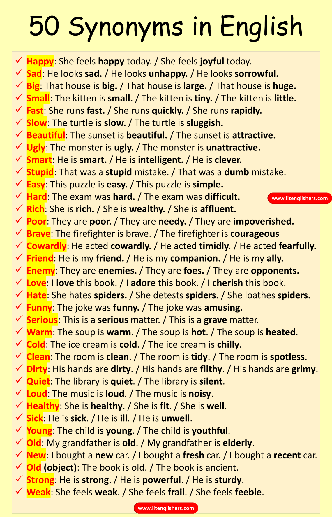 50 Common Synonyms Words in English | English Vocabulary